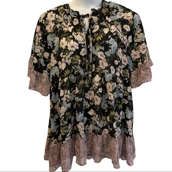 Gigio | Tops | New Gigio Sheer Black Floral Flounce Ruffle Blouse New ...